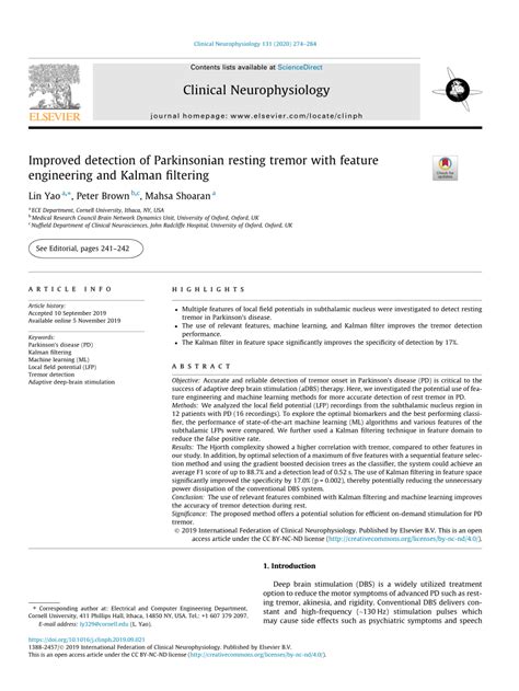 Pdf Improved Detection Of Parkinsonian Resting Tremor With Feature Engineering And Kalman
