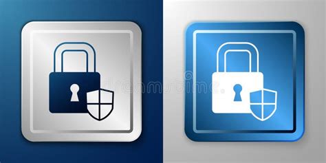 White Shield Security With Lock Icon Isolated On Blue And Grey