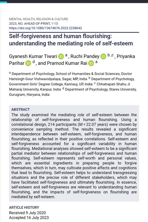 Pdf Self Forgiveness And Human Flourishing Understanding The Mediating Role Of Self Esteem