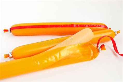 Fish Meat Sausage In Plastic Wrapping On White Background Fish Sausage