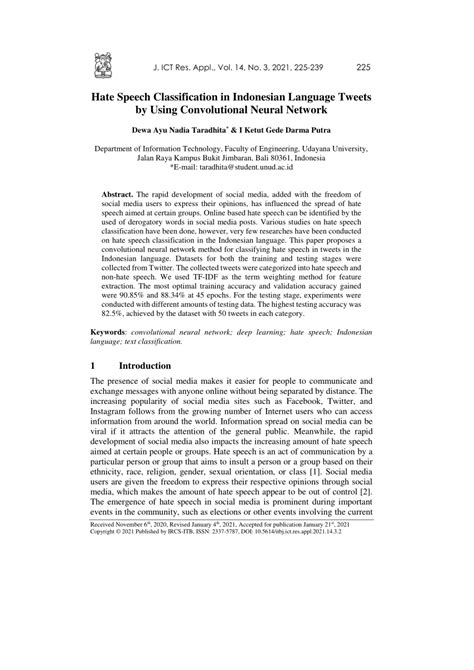 PDF Hate Speech Classification In Indonesian Language Tweets By Using Convolutional Neural Network