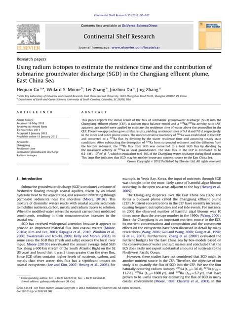 Pdf Using Radium Isotopes To Estimate The Residence Time And The Contribution Of Submarine