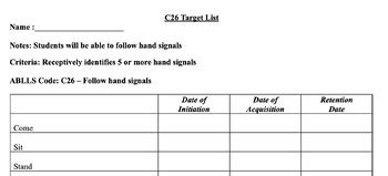 C Follow Hand Signals Skills Tracking Sheet ABLLS R Assessment