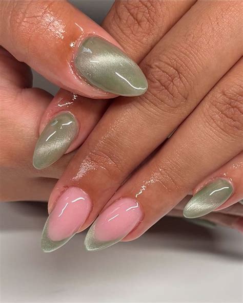 Light Colour Nail Ideas Sage Green Cat Eye French Tip Sage Green