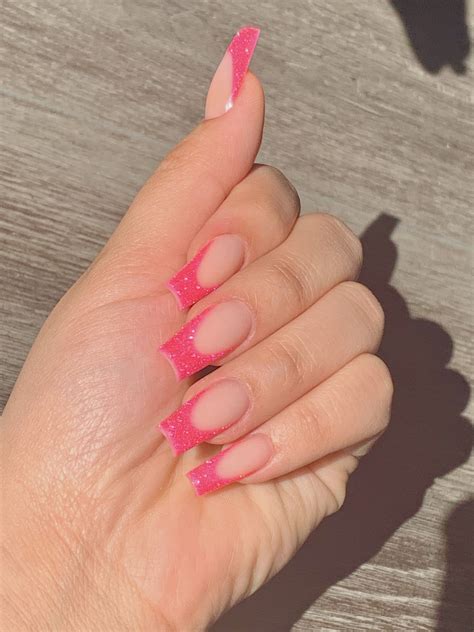 Pink Glitter French Tips Pink Tip Nails Pink Glitter Nails Pink