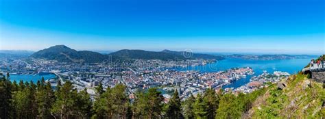 A Large Panorama From Mount Floyen Floibannen In The Norwegian City Of