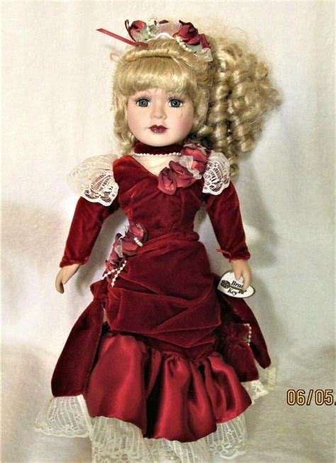 Gorgeous Porcelain Doll Blonde Hair Blue Eyes Red Velveteen And Satin W