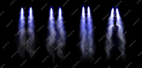 블루 파이어 제트 발사 연기 트레일 벡터 효과 3d 로켓 속도 클라우드 텍스처와 화염 분리 증기선 세트가 있는 우주선 현실적인 이륙 불꽃 하늘 팩의 비행기 부스트 무료 벡터