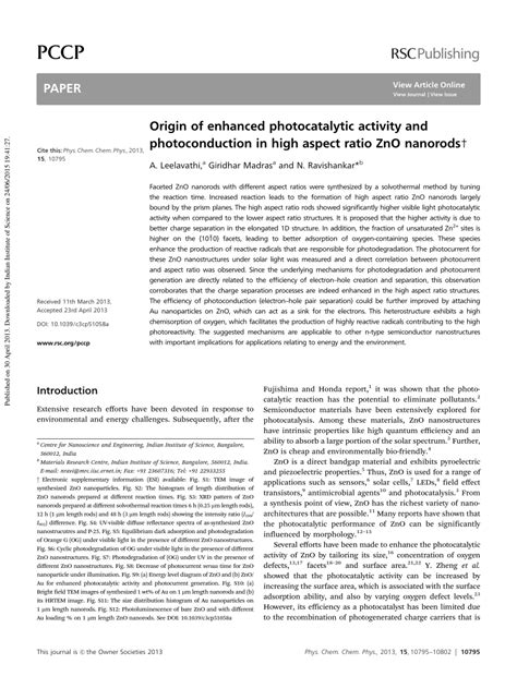 Pdf Origin Of Enhanced Photocatalytic Activity And Photoconduction In High Aspect Ratio Zno
