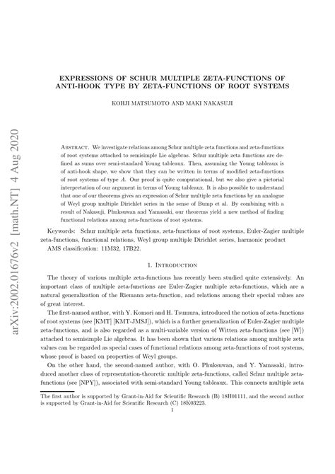 Pdf Expressions Of Schur Multiple Zeta Functions Of Anti Hook Type By Zeta Functions Of Root