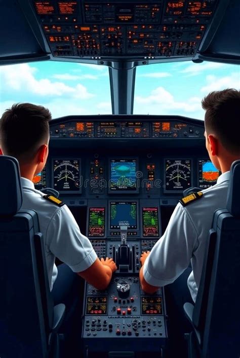 Two Pilots In The Cockpit Of An Airplane View From The Back Stock