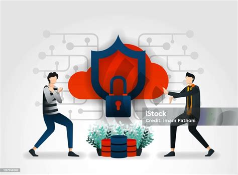 평면 만화 캐릭터입니다 개발자는 클라우드 스토리지 서버 도둑과 해커의 공격 으로부터 데이터베이스를 유지 합니다 보안 회사는