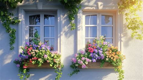 Windows With Flower Boxes Spring Blossoms On Sunny Day Stock Image