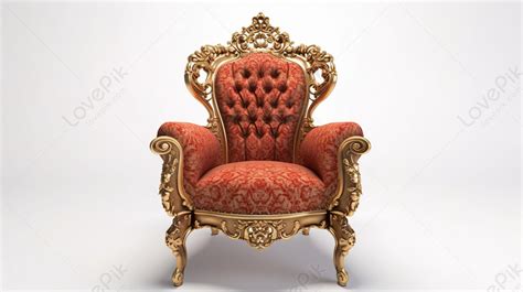흰색 배경에 청동색과 빨간색 색상의 바로크식 안락의자 왕좌 3d 렌더링 색상 배경 권위 있는 배경 흰색 의자 배경 이미지 Hd 색상 권위 있는 흰색 의자 배경