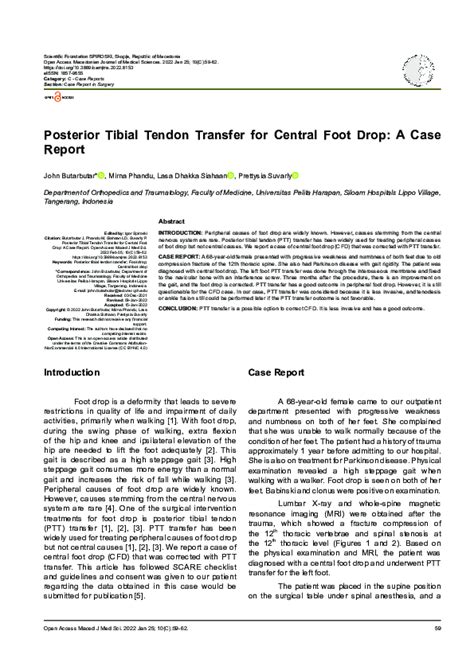 Pdf Posterior Tibial Tendon Transfer For Central Foot Drop A Case Report