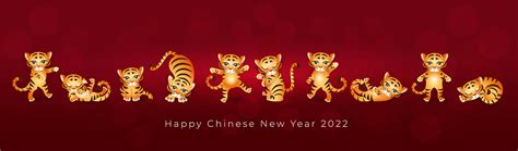 호랑이의 중국 새해 빨간색 배경에 2022 표지판과 다른 포즈에 10 귀여운 호랑이세트 어린이 옷 인사말 카드 배너 포스터 를