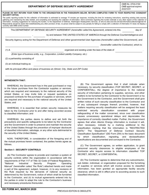 Dd Form 441 Department Of Defense Security Agreement Dd Forms