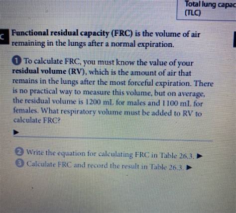 Solved Question Total Lung Capac CO Functional Residual Capacity FRC Answer