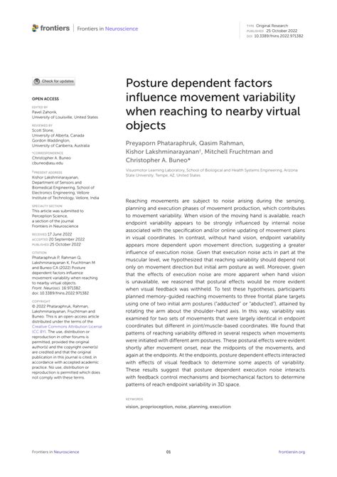 Pdf Posture Dependent Factors Influence Movement Variability When Reaching To Nearby Virtual