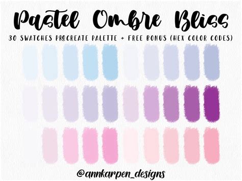 Pastel Ombre Bliss Procreate Palette 30 HEX Color Codes Instant