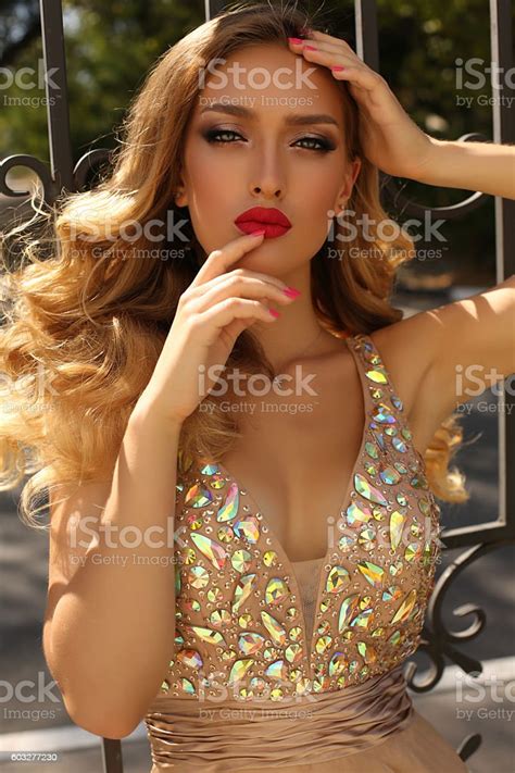 화려한 젊은 여자 와 금발 곱슬 머리 에 고급스러운 드레스 우아에 대한 스톡 사진 및 기타 이미지 우아 가냘픈 개인 장식품 Istock