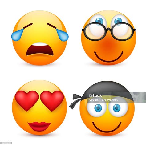 파란 눈 이모티콘 세트 웃는입니다 노란 얼굴 감정입니다 얼굴 식입니다 3d 현실 이모티콘입니다 슬픈 행복 화난 얼굴입니다 재미 있는 만화 캐릭터입니다 Moodvector