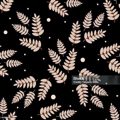 어두운 배경에 베이지 색 잎 나뭇 가지와 나뭇 가지의 패턴 스칸디나비아 패턴 손으로 그린 벡터 플랫 일러스트레이션 0명에 대한 스톡 벡터 아트 및 기타 이미지 Istock