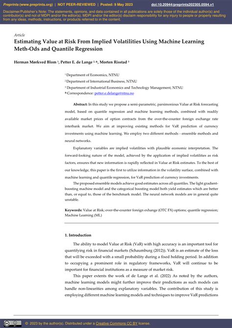 Pdf Estimating Value At Risk From Implied Volatilities Using Machine Learning Meth Ods And