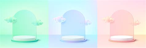 녹색 노란색 분홍색 파란색 홀로그램 색상의 현실적인 실린더 연단이 있는 추상적인 3d 배경 세트 구름 거품이 날아갑니다 최소한의 장면 제품 표시 벡터 기하학적 형태 무대