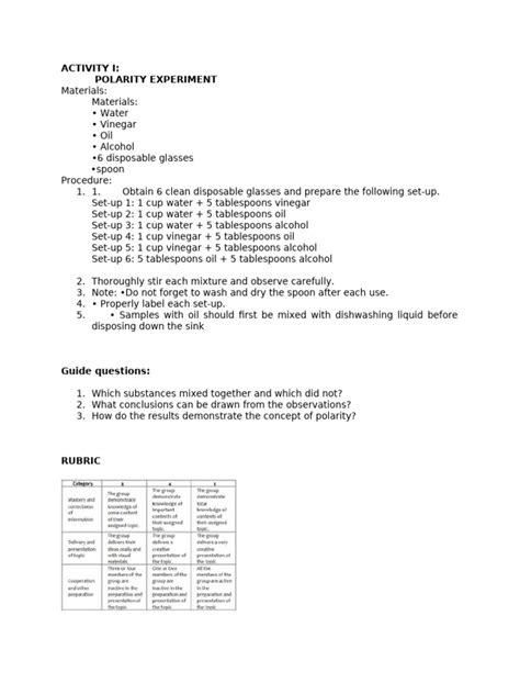 Activity I Experiment Polarity Of Molecule Pdf