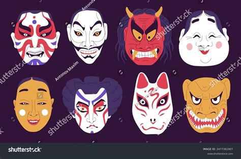 Traditional Japanese Kabuki Masks Set Various Stock Vector Royalty