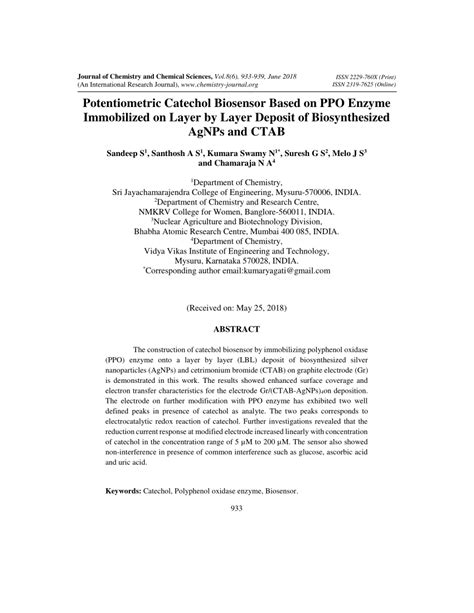 Pdf Potentiometric Catechol Biosensor Based On Ppo Enzyme Immobilized On Layer By Layer