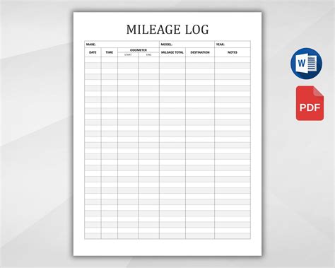 Mileage Tracker Printable Mileage Log Work Trip Miles Tracker