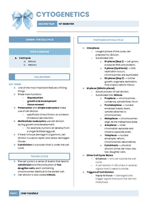 Cytogenetics Mls 2nd Year 1st Semester Lecture Notes The Cell Cycle