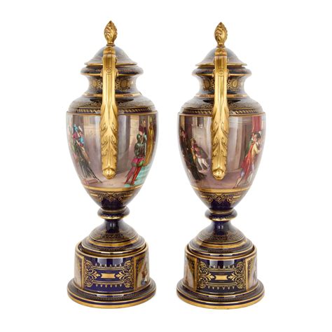 Pair Of Large Antique Royal Vienna Porcelain Vases With Lids Mayfair