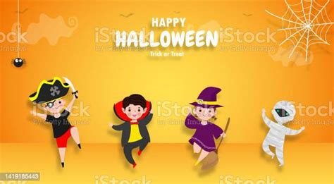 해피 할로윈 트릭 또는 치료 종이 컷 스타일 아이 의상 재미있는 파티 축하 초대장 배너 템플릿 포스터 배경 벡터 일러스트 레이 션 할로윈에 대한 스톡 벡터 아트 및 기타