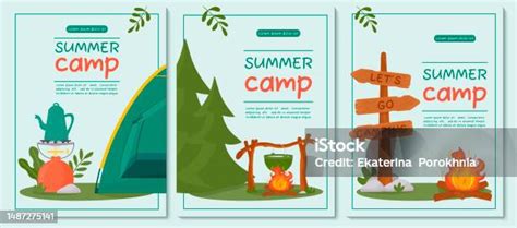 여름 캠핑 여행 여행 하이킹 관광 자연 여행 피크닉을 위한 포스터 세트 포스터 배너 전단지 표지 특별 행사 광고 디자인 벡터 그림입니다 캠프 파이어에 대한 스톡 벡터 아트