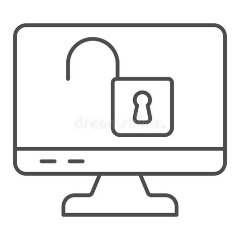 Monitor With Unlocked Lock Thin Line Icon Hacker Attacks Concept Vector Graphics Stock Vector