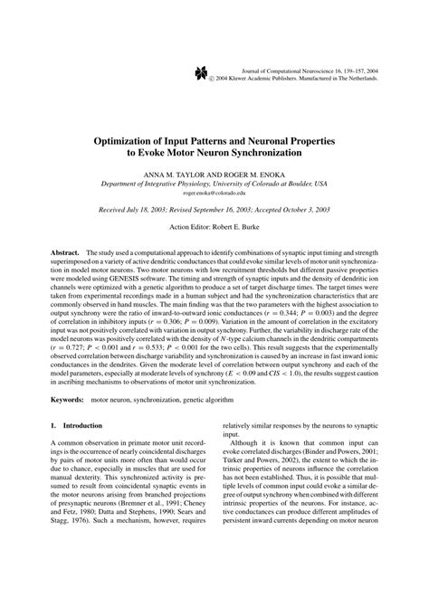 Pdf Optimization Of Input Patterns And Neuronal Properties To Evoke Motor Neuron Synchronization