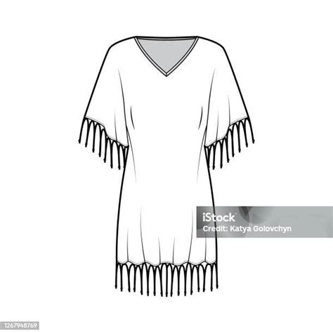 프린지 카프탄 드레스 테크니컬 패션 일러스트와 딥 V넥 배트윙 팔꿈치 소매 무릎 위 길이 0명에 대한 스톡 벡터 아트 및 기타 이미지 Istock