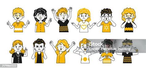 기쁨 슬픔 놀람 등 다양한 감정을 표현하는 어린이를 특징으로 하는 Doodle 캐릭터 모음 감정에 대한 스톡 벡터 아트 및 기타 이미지 Istock