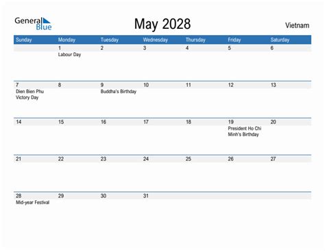 Editable May 2028 Calendar With Vietnam Holidays
