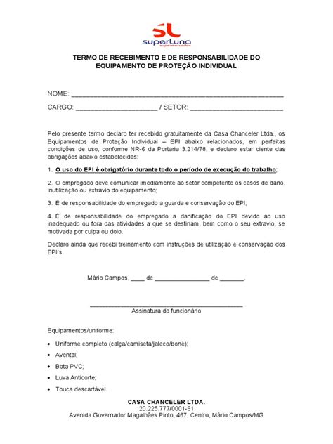 Termo De Recebimento E De Responsabilidade Do Epi Pdf