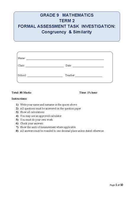 Mathematics Gr 9 Of Investigation Term 2 Congruency Similarity 1