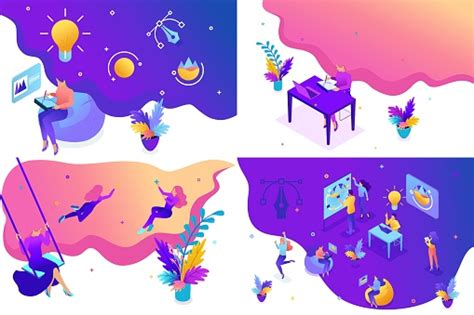 아이소메트릭 세트 개념 소녀 디자이너 작품 그리는 꿈 디자인을 만듭니다 프리랜서 일러스트 레이 터 웹 사이트에 대 한 현대 벡터 일러스트 레이 션 개념 개발에 대한 스톡