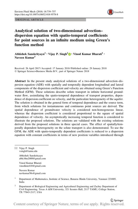 Analytical Solution Of Two Dimensional Advection Dispersion Equation With Spatio Temporal