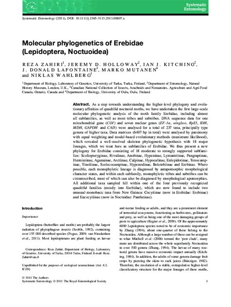 Pdf Molecular Phylogenetics Of Erebidae Lepidoptera Noctuoidea