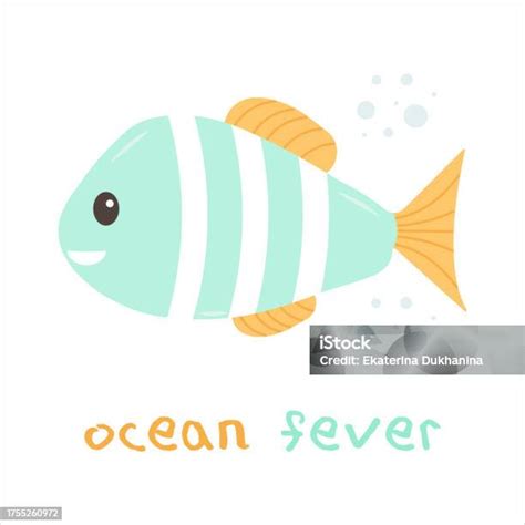 템플릿 텍스트 Ocean Fever 귀여운 만화 물고기와 함께 바다 포스터 인쇄 카드 어린이 의류 장식 스티커 벡터 그림 0명에