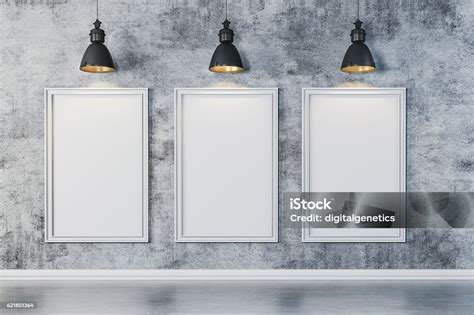 천장 램프와 빈 캔버스가 있는 3d 밝은 인테리어 설정 0명에 대한 스톡 사진 및 기타 이미지 0명 3차원 형태 모양 Istock