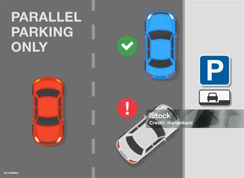 야외 주차 요령 및 규칙 도시 도로에 주차된 올바른 차량과 잘못된 주차 차량의 평면도 평행 주차 전용 표지판 개체 그룹에 대한
